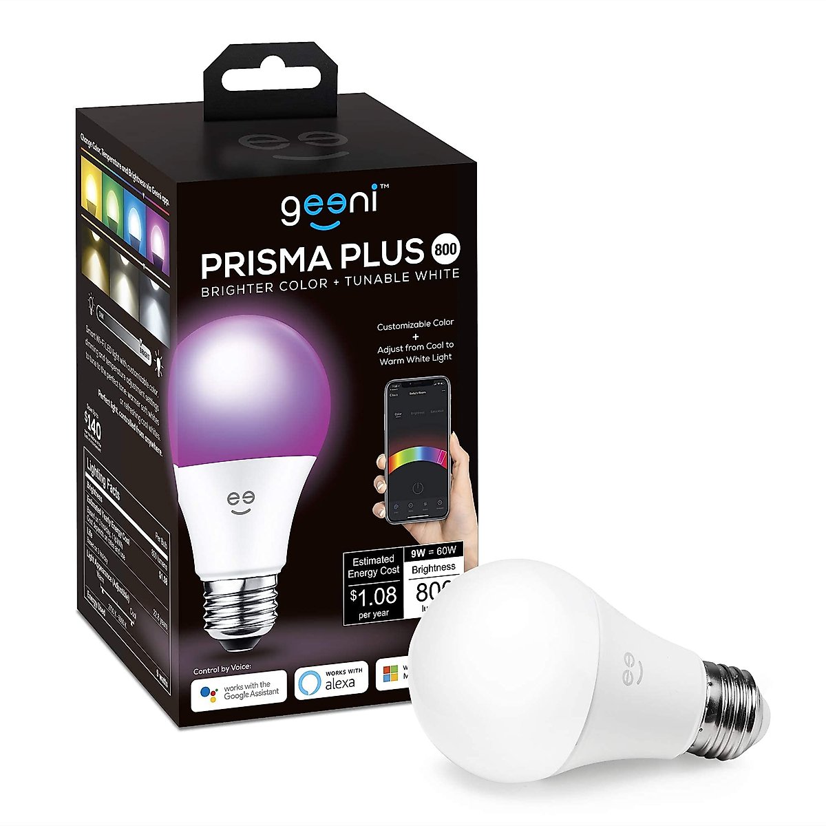 Geeni Prisma Plus 800 WiFi LED Smart Light Bulb, Brighter Color & Tunable White (2700-6500K), 1-Pack, A19 60W, No Hub Required, Light Bulb Works with Amazon Alexa, Google Home