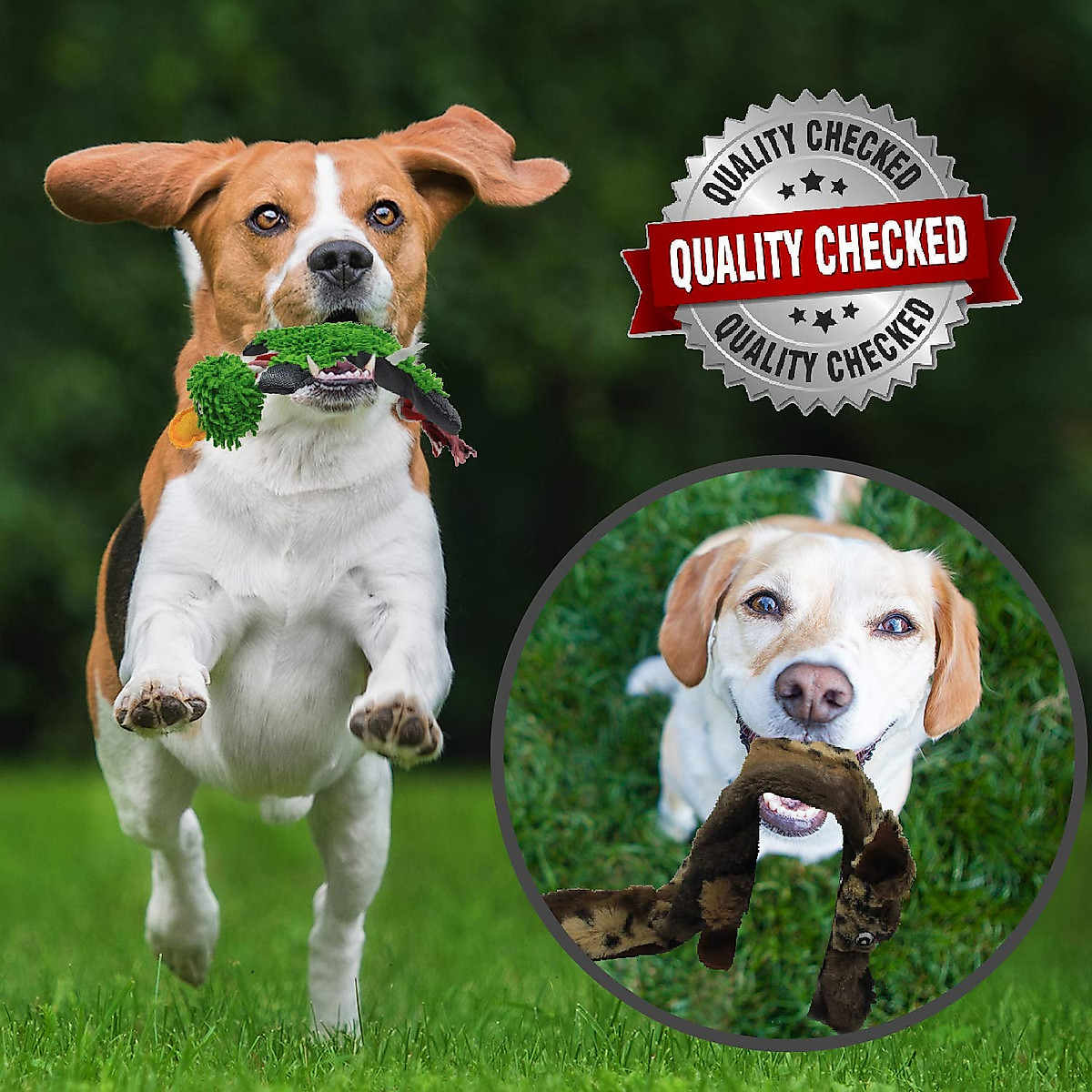 Large Dog Toys Set of 3 Plush Stuffingless Animals 24 Inches - Skunk/Wolf Squeaky Toys - Duck Squeaky w/ Crinkle Body and Rope for Tug. Rubber Ball for Aggressive Chewers Medium/Large Dogs + Carry Bag