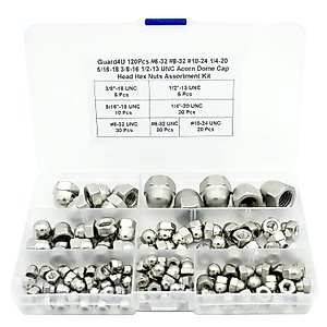 Guard4U #6-32#8-32#10-24 1/4-20 5/16-18 3/8-16 1/2-13 UNC Acorn Dome Cap Head Hex Nuts Assortment Kit -120Pcs 7-Kinds 304 Stainless Steel Hexagon Decorative Cap Nuts