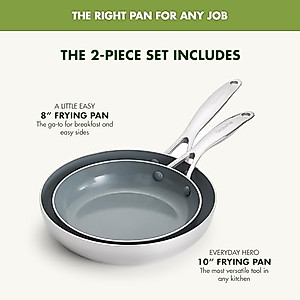 GreenPan Valencia Pro Tri-Ply Stainless Steel 8” and 10” Frying Pan Skillet Set, Healthy Ceramic Nonstick PFAS-Free PFOA-Free Coating, Multi Clad Cookware, Induction, Dishwasher Oven and Broiler Safe