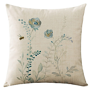 WOMHOPE Decorative Throw Pillow Covers Spring Flower Bird Butterfly Pillow Cases Cushion Cases Burlap Toss 18 x 18 Inch,Set of 4 for Living Room,Couch and Bed (Small Blue Flower)