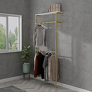 LANJIN Industrial Pipe Clothing Rack,Clothes Rack for Wardrobe, Bedroom and As Walk-in Closet System.Sturdy Clothing Racks for Hanging Clothes,Wall Mounted Heavy Duty Clothes Rack,Gold A