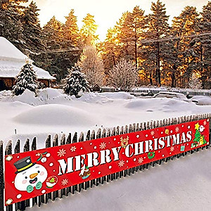 Large Merry Christmas Banner Xmas Decoration Snowman Christmas Tree Hanging Huge Sign Holiday Party Supplies Home Decor for Outdoor,Indoor,Yard,Garden,Porch,Lawn