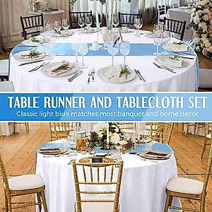 Tudomro 16 Pcs Round Plastic Tablecloth and 12 x 108 Satin Table Runner Set 84" Round Table Covers Circle Plastic Table Cloth for 4th of July Birthday Wedding Party Decoration(White, Light Blue)