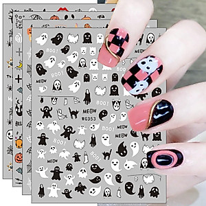 JMEOWIO 12 Sheets Halloween Nail Art Stickers Decals Self-Adhesive Pegatinas Uñas Skull Cute Horror Ghost Cat Witchy Bat Spook Nail Supplies Nail Art Design Decoration Accessories