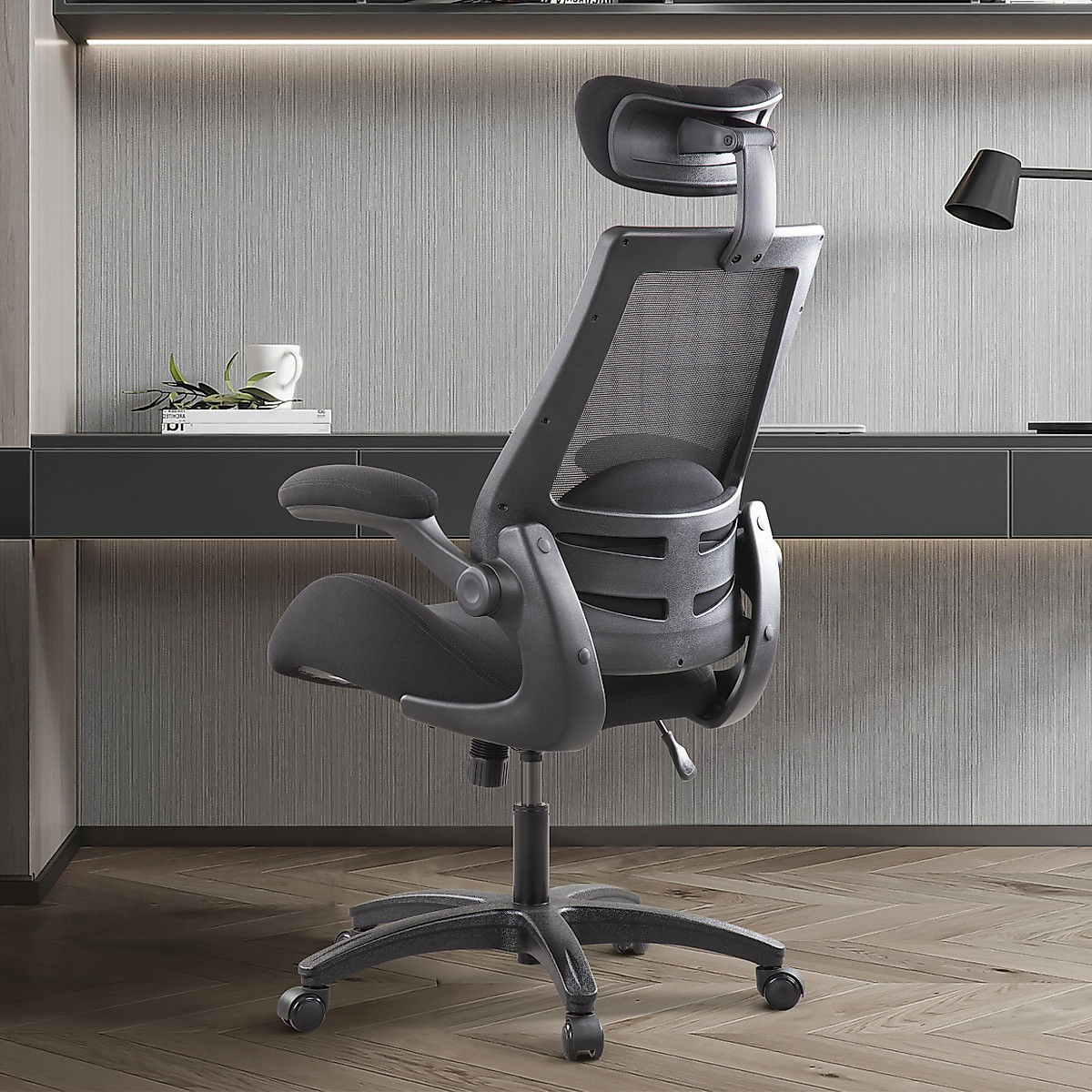 BOLISS Office Chair,with Thicken Seat Cushion Waist Support Adjustable Headrest Flipped Arms Erogonomic Office Desk Chair,Suilt for Home and Office-Gry