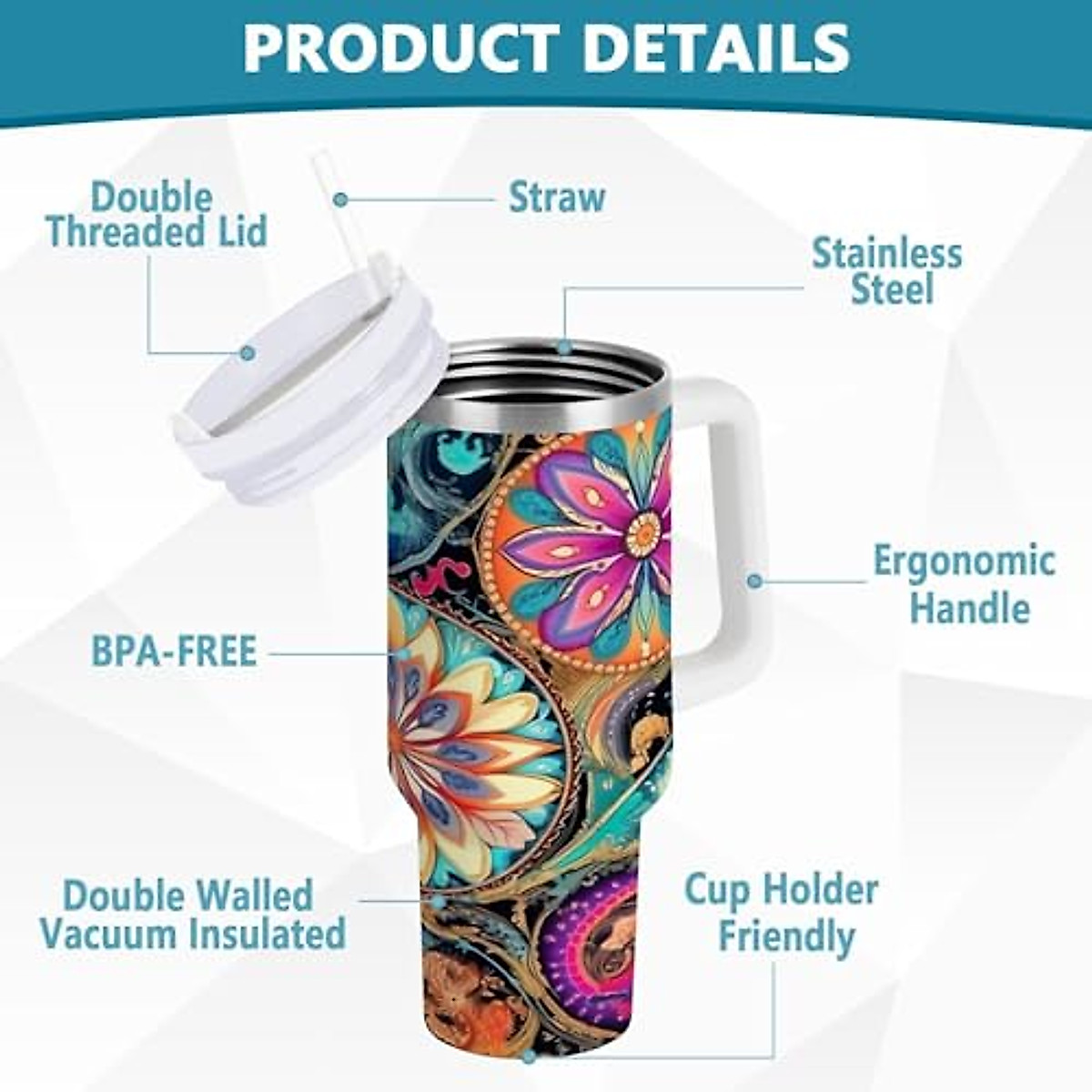Jihqo Colorful Oriental Textile Tile 40 oz Stainless Steel Vacuum Insulated Tumbler with Handle and Straw Lid, Leakproof Water Bottle Double Wall Travel Mug Coffee Cup, Cupholder Friendly
