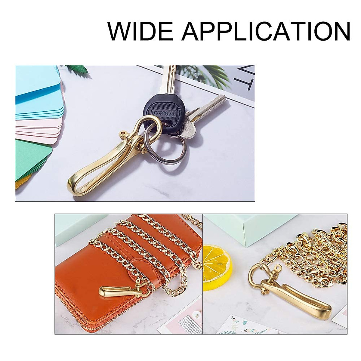 PH PandaHall Fish Hook Keychain, Brass Key Ring Golden Solid U Shape Key Hook Belt Keyring Pocket Clip with Key Shackle Heavy Duty Car keychain for Men Women Wallet Chain Purse Accessory