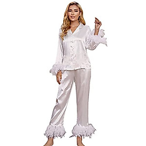 Comfy Pajama Sets for Women Silk Satin Pajamas Loungewear Solid Color Button-Down Casual Lounge Sleep Set V Neck Set White