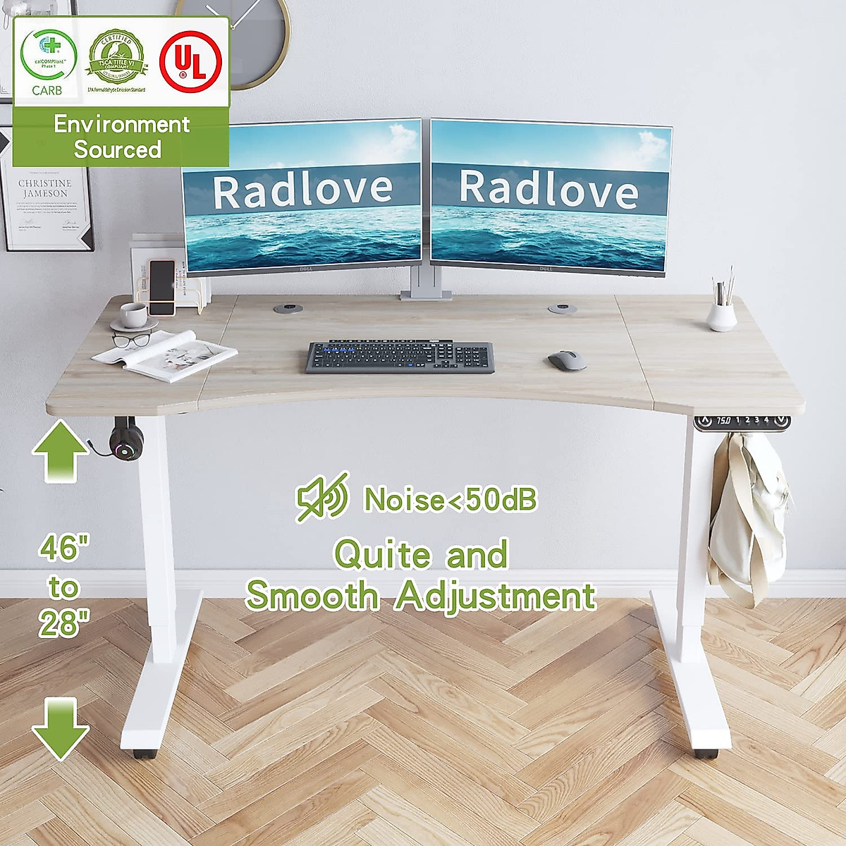 Radlove Electric Standing Desk, 55 x 30 Height Adjustable Computer Desk Sit Stand Desk Home Office Desks with Splice Board and A Under Desk Cable Management Tray (White Frame + Oak Top)