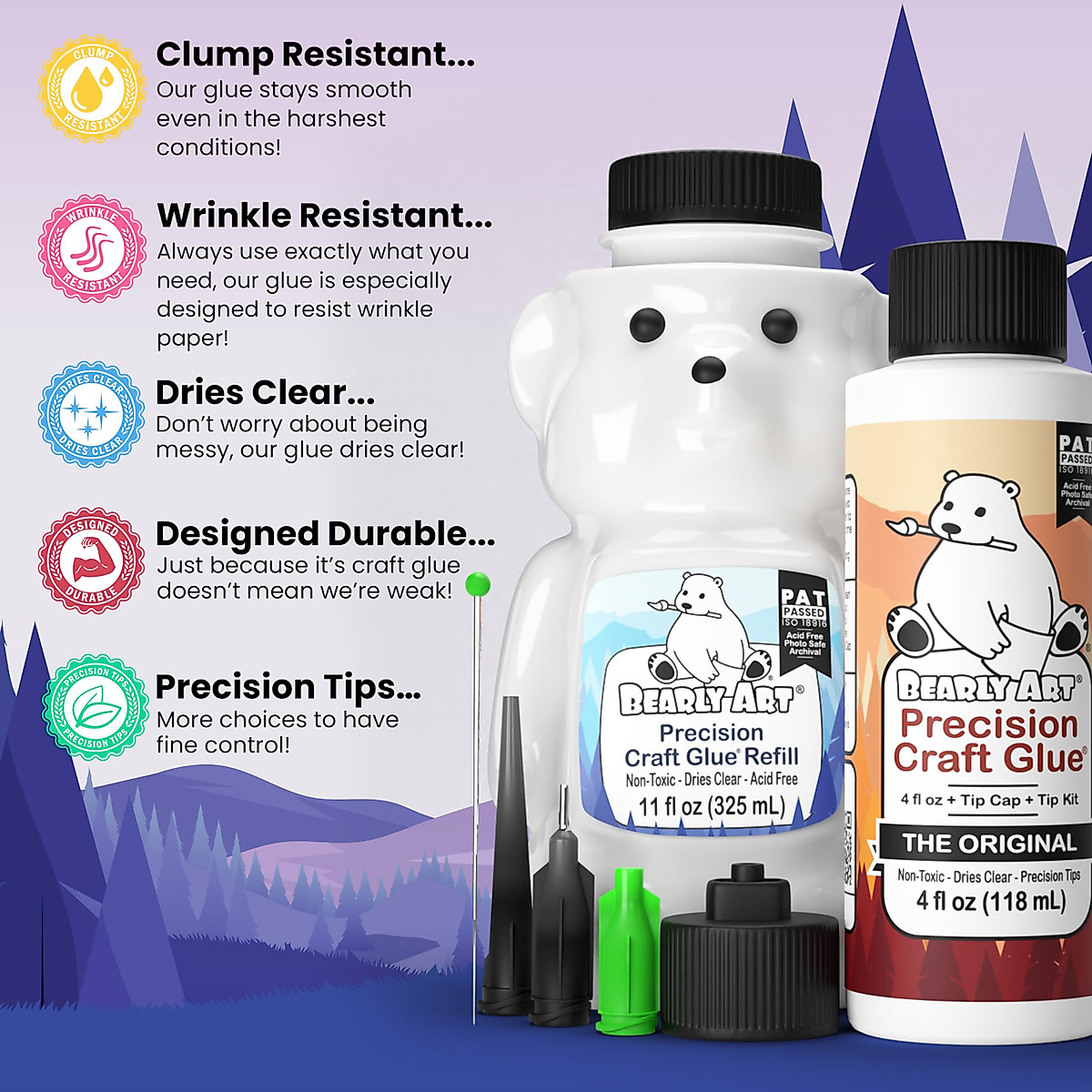 Bearly Art Precision Craft Glue -The Bundle - 4fl oz and 11fl oz Refill Bear - Tip Kit Included - Wrinkle Resistant - Flexible and Crack Resistant - Strong Hold Adhesive - Made in USA