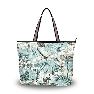 QMXO Animal Dragonfly Flower Leaves Handbags and Purse for Women Tote Bag Large Capacity Top Handle Shopper Shoulder Bag