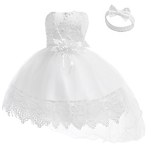 LZH Baby Girl Party Dress Baby Christening Outfit Girl Baby Girl Dresses 0-3 Months Fancy First Baptism Elegant Party D-White