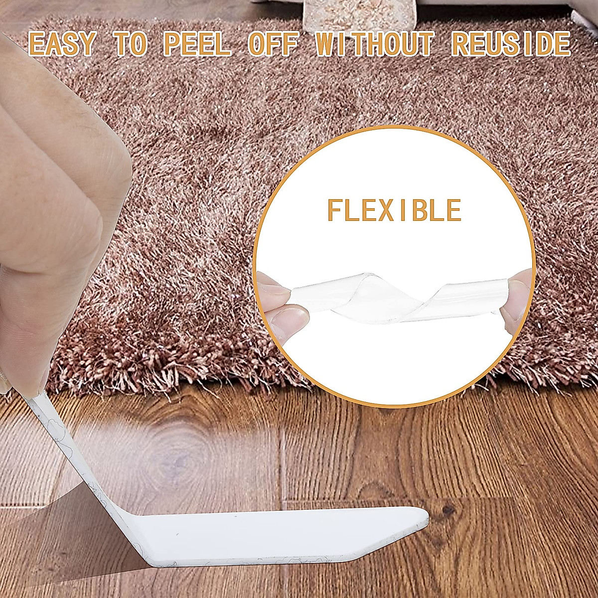 Sollifa Rug Tape,16 Pcs Dual Sided Washable Removable Rug Stopper Grip Your Area Rug, Non Slip Adhesive Prevent Curl for Hardwood Floors Grip Carpet Corners (Pearl White)