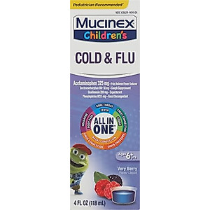 Cold, Cough, and Sore Throat, Mucinex Children's Cold, Cough, & Sore Throat Liquid, Mixed Berry, 4oz (Packaging May Vary) Controls Cough, Relieves Nasal & Chest Congestion, Thins & Soothes Sore Throat