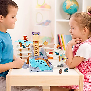 Dinosaur Chasing Race Track Game Set Double Loop Track Slide Toy Climb Stairs Toy Roller Coaster Toy with Music Educational Puzzle Playsets Gift for Toddler Kids Boys Girls Age 3+