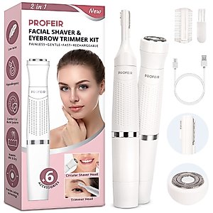 Profeir Women's 2-in-1 Eyebrow Trimmer and Hair Remover, USB Rechargeable, Stainless Steel, Includes 2 Interchangeable Heads, Perfect for Travel and Home Use