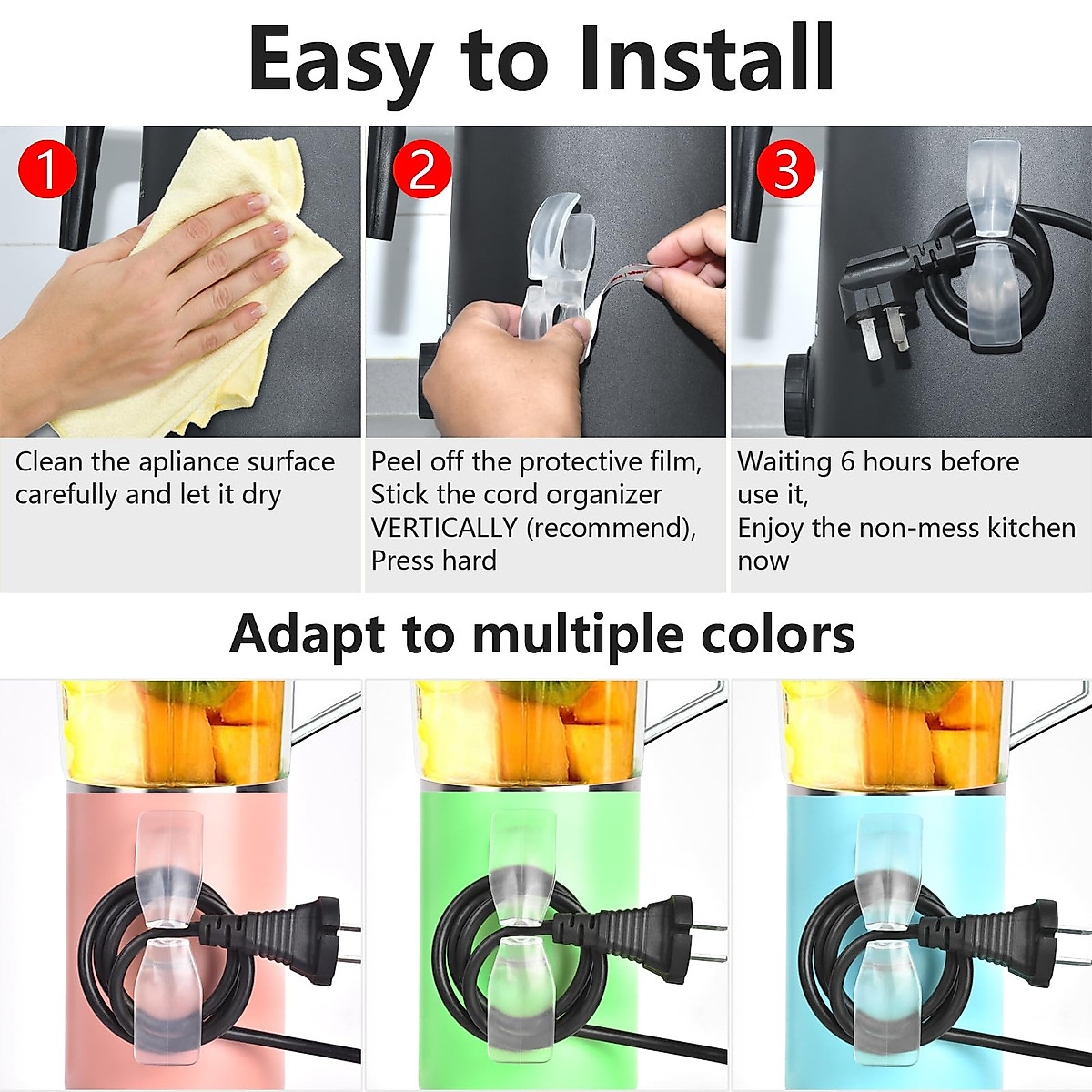 TANAAB Cord Organizer for Kitchen Appliances, 4pack Adhesive Upgraded Cord Wrap Holder Wrapper Winder Keeper for Mixer, Blender, Coffee Maker, Pressure Cooker (Black & Transparent Set)