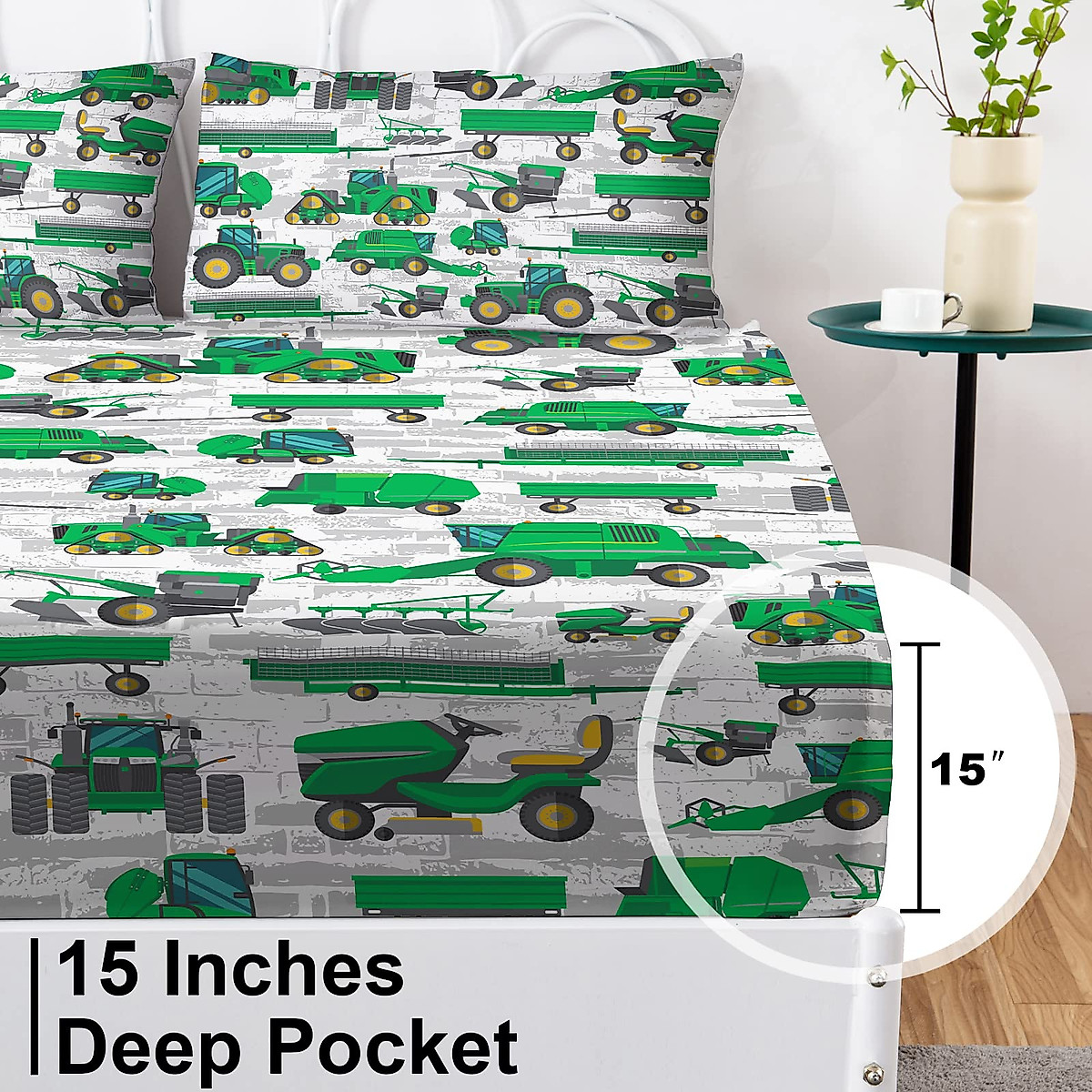 Jekeno Full Size Kids Bedding Sheet Linen Set, Excavator Car Printed Bedroom Decor Bed Sheet Set with Deep Pocket Fitted Sheet + Flat Sheet + 2 PCS Pillowcases for Children Teenager