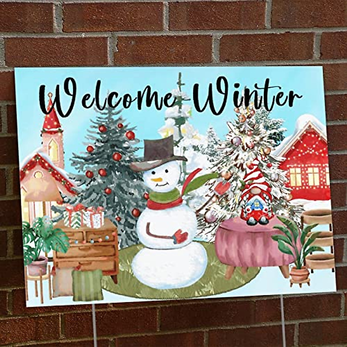 Lawn Garden Sign Christmas Welcome Winter Snowman Lawn Signs with H Stakes Motivational Quotes Happy New Year for Garage Sales Rent Open House Construction 12"x18"