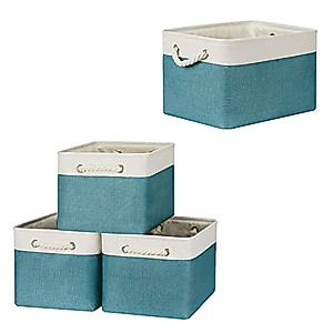 Bidtakay Set of 4 Bundled Baskets Storage Bins with Handles 15 X 11 X 9.5 Inches (White&Teal Blue)