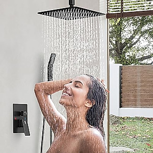 SR SUN RISE 12 Inch Ceiling Mount Matte Black Shower System Bathroom Luxury Rain Mixer Shower Combo Set Ceiling Rainfall Shower Head System Faucet Trim Repair Kits Rough-in Valve and Trim Included