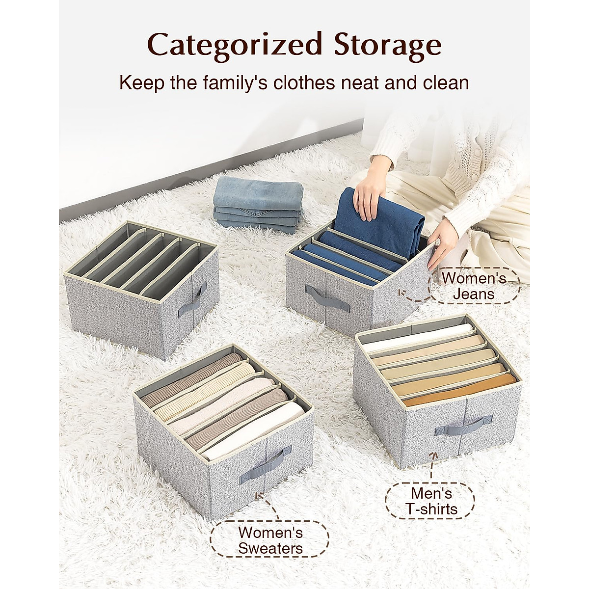 Homsorout Jeans Organizer for Closet - 4 Pack Clothes Drawer Organizer, 5-Cell Foldable Wardrobe Clothes Organizer with Handles, Closet Organizers and Storage for Jeans, T-shirts (Blended)