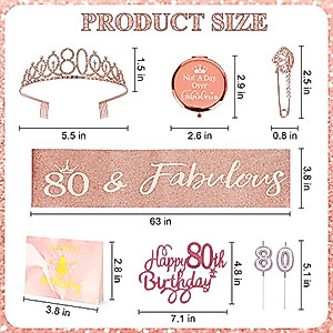 80th Birthday Decorations for Women, 80th Birthday Party Decorations Include 80th Birthday Crown, Sash, Compact Mirror, "80" Candles, Cake Topper, Pin, Card, Rose Gold 80th Birthday Gifts