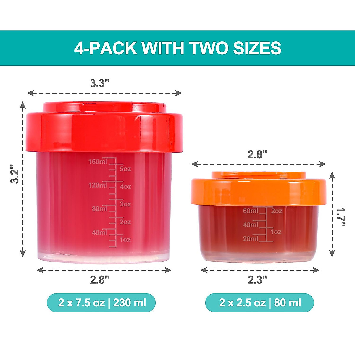 Caperci Leakproof Baby Food Containers, Freezer Safe, Dishwasher Safe, BPA Free, Airtight Stackable Small Snacks & Condiment Container with Lids, 4-Count(2 oz & 5 oz)