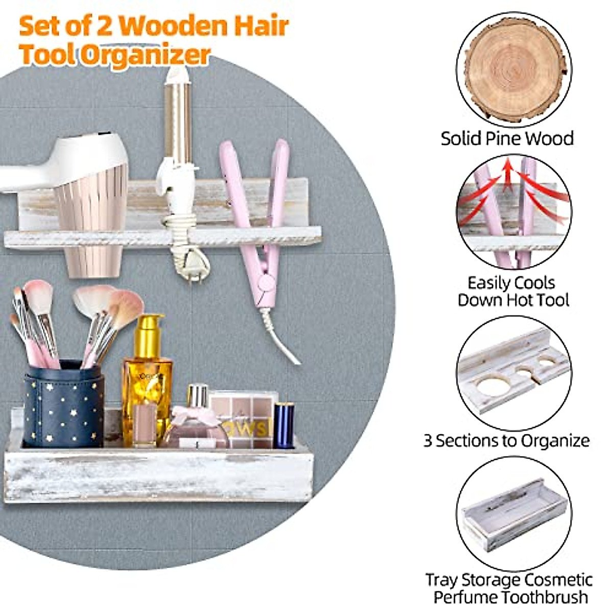 Hair Tool Organizer Wall Mounted - Wooden Hair Dryer Holder, Rustic Blow Dryer Holder for Curling Iron, Hot Tools, Hair Straighteners, Set of 2 Bathroom Vanity Tray for Makeup,Toiletries, White