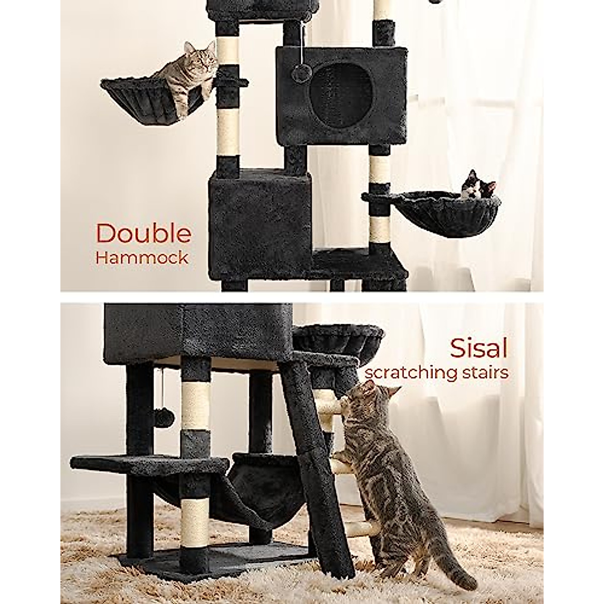 FourFurPets Cat Tree for Indoor Cats, 63in Cat Tower, Cat Condo, Two Cat Perch, Wwo Cat Caves, Two Cat Basket, Sisal Scratching Stairs, Toys, Smoky Gray