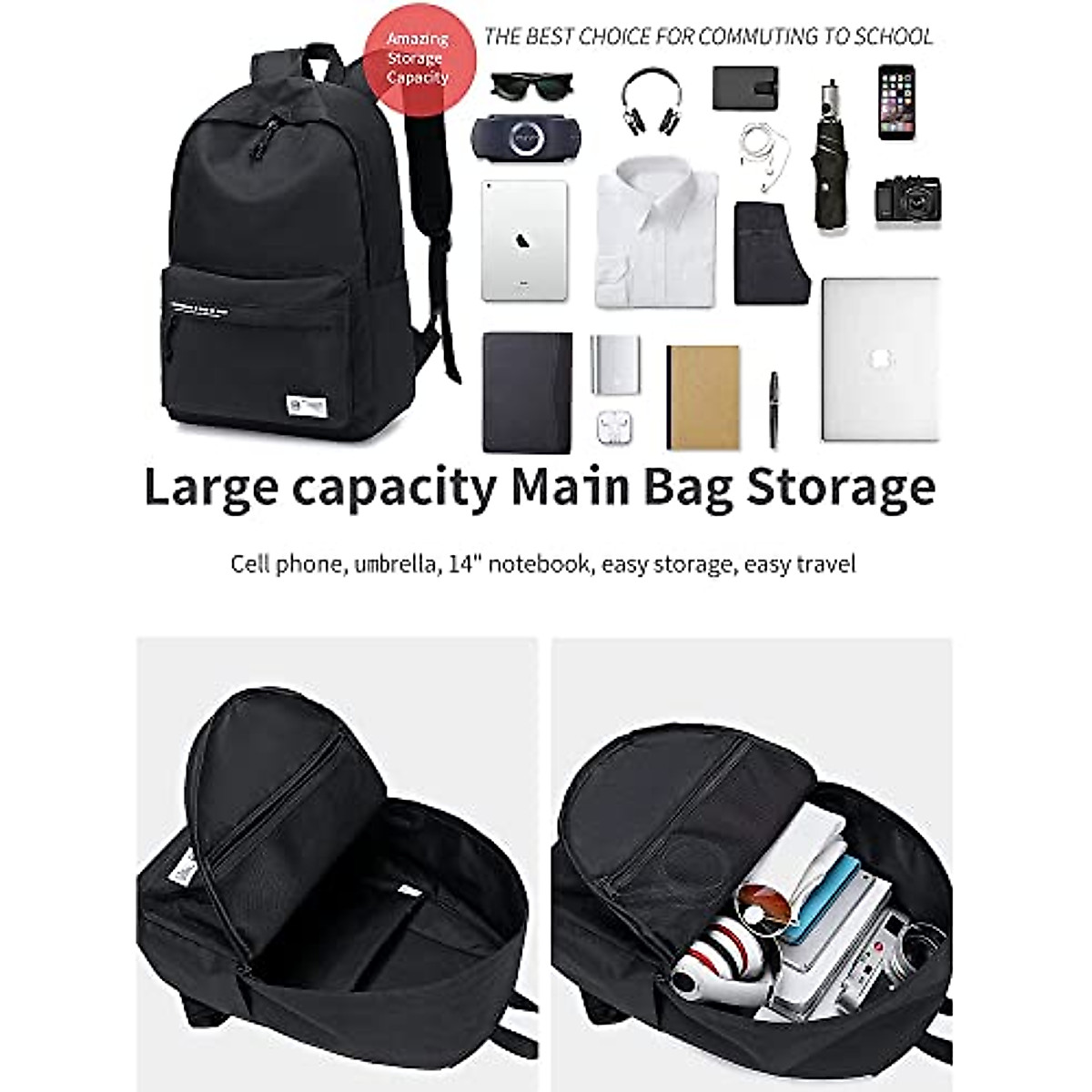 CAMILLEMMA Black Simple Cute Backpack for Teen Girls Boys, Casual Daypack High School Bookbag for Women Men, Lightweight Travel Laptop Back Pack Classic Basic College Backpack