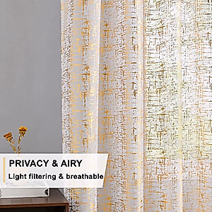 TERLYTEX Gold White Sheer Curtains 63 Inch Length, Metallic Gold Foil Cross Hatch Design Sparkle Sheer Curtains for Bedroom, Rod Pocket Privacy Glitter Sheer Curtains 2 Panels, 52 x 63 Inch, Gold