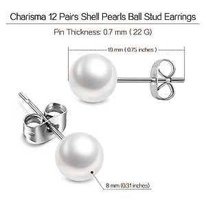 Charisma 8mm Composite Pearl Earrings Round Ball Pearls Stud Earrings Hypoallergenic 12 Pairs Imitation Pearl Earrings Set for Women