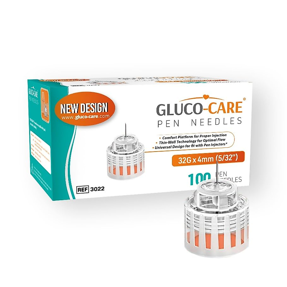 GLUCO-CARE Pen Tips 32G x 5/32’’ (4mm), Universal Fit, Optimal Skin-Contact Base for Comfort, Sterile, 100/bx