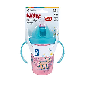 Nuby 2-Handle No-Spill Flip-it Fat Straw Printed Cup - 8oz/ 240 ml, 12+ Months, 1pk Prints May Vary