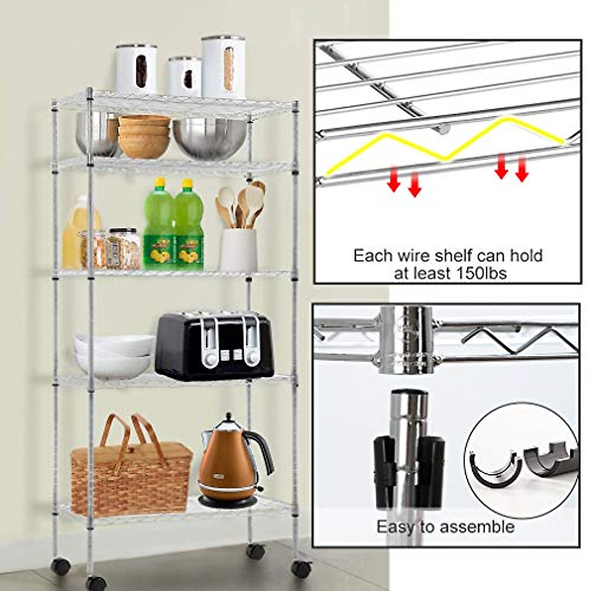 Metal Storage Shelves 5 Tier Wire Shelving Unit with Wheels, NSF Wire Shelf Utility Commercial Grade Heavy Duty Height Layer Rack for Pantry Closet Kitchen Laundry Organization ,14”Wx30”Dx60”H,Chrome