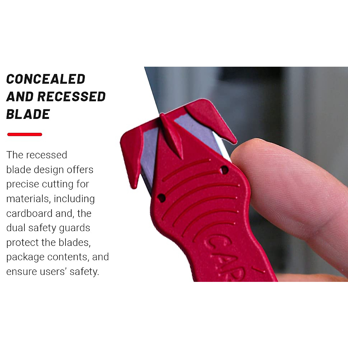 Cardinal Safety Box Cutter with Concealed Stainless Steel Blade, Package Opener Plastic Cutter for Box, Carton, Shrink Wrap, Plastic Straps (Red, Pack of 5)