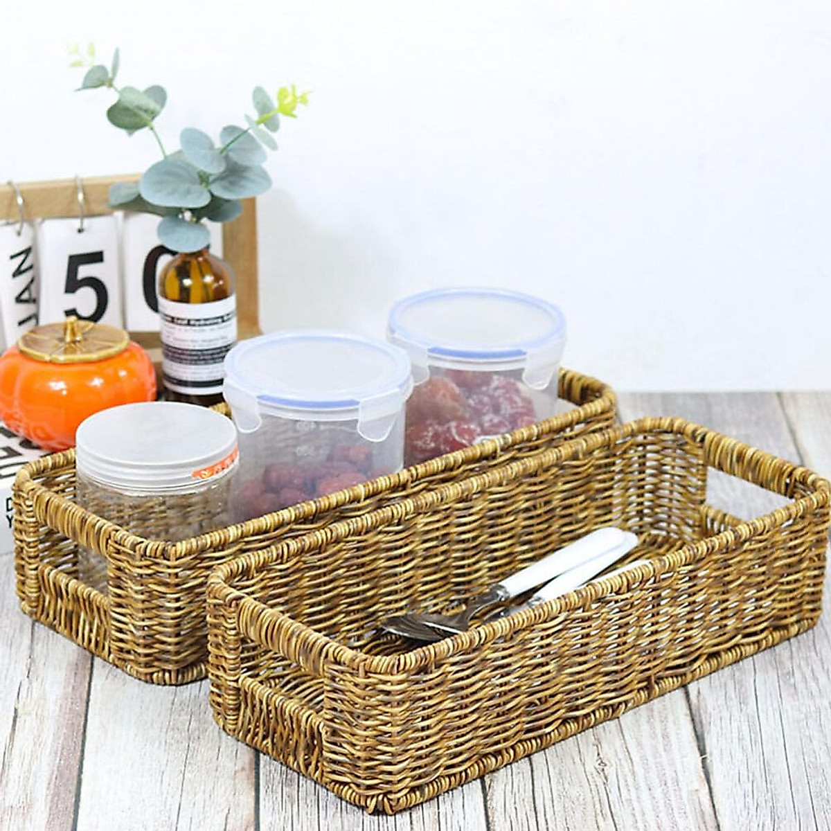 BESTonZON Plastic Woven Storage Basket Rattan Kitchen Cutlery Holder Stand Silverware Basket Kitchen Utensil Drawer Organizer Farmhouse Serving Basket for Kitchen Office