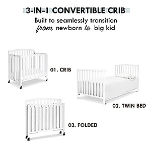 DaVinci Dylan Folding Portable 3-in-1 Convertible Mini Crib and Twin Bed in White, Greenguard Gold Certified