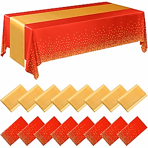 Tudomro 16 Pieces Disposable Tablecloth Plastic Rectangle Table Cloth Table Cover 54 x 108 Inch with 12 x 108 Inch Satin Table Runner for Wedding Birthday Party Decorations (Red,Gold)