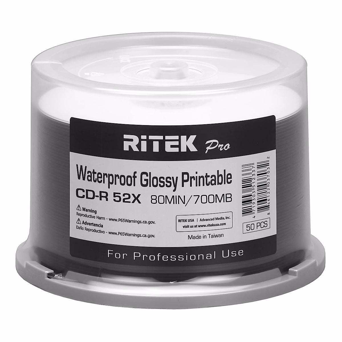 600 Pack Ritek Pro CD-R 52X 700MB 80Min Professional Grade Watershield Water Resistant Glossy White Inkjet Hub Printable Blank Recordable Disc