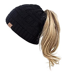 Alepo Womens High Messy Bun Beanie Hat with Ponytail Hole, Winter Warm Trendy Knit Ski Skull Cap (Black)