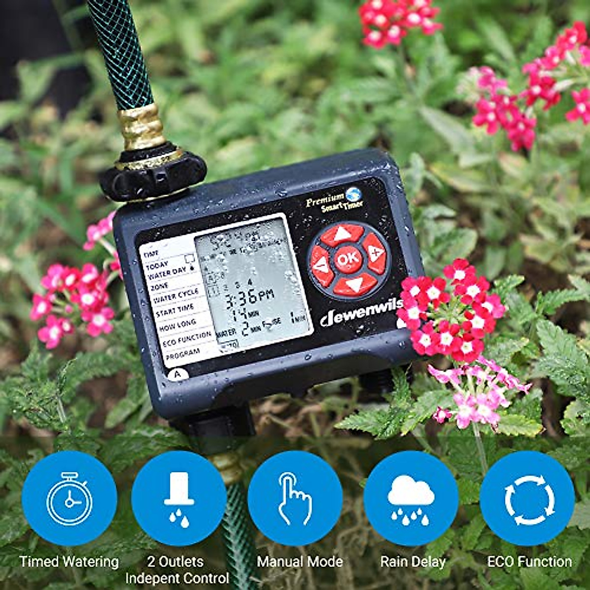 DEWENWILS Sprinkler Timer 2 Zone, Water Hose Garden Irrigation Timer with 4 Programmable Procedure and Low Battery Warning, Repeat Watering over Period, Faucet Controller with Rain Delay Mode for Lawn