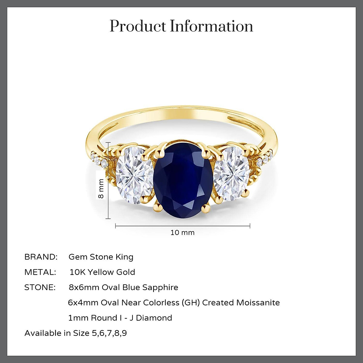Gem Stone King 2.84 Cttw 10K Yellow Gold Blue Sapphire White Moissanite and Diamond 3-Stone Engagement Ring | Gemstone Birthstone | 3 Stone Wedding Anniversary Promise Ring For Women (Size 5)