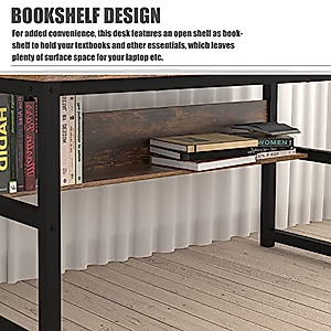 TOPSKY Computer Desk with Bookshelf/Metal Hole Cable Cover 1.18" Thick Desk (55", Rustic Brown)