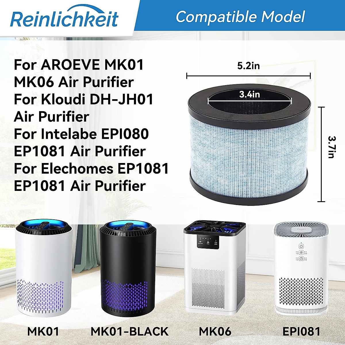 MK01 MK06 True HEPA Filter Replacement Compatible with AROEVE MK01 MK06 Air Purifier, TZ-K1 and DH-JH01 Air Purifier, EPI080/EP1080 EPI081/EP1081 Air Purifier,Blue, 2 Pack