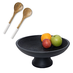 Folkulture Wood Fruit Bowl or Decorative Pedestal Bowl for Table Décor, Folkulture Salad Servers or Salad Tongs, Wooden Utensils for Serving Salad, Salad Forks or Salad Tongs for Serving