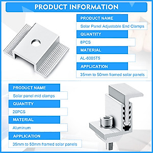 Zhengmy Solar Panel Mid Clamps 1.06 Inch Solar Panel Bracket Aluminum Solar Mid Clam with Solar Mounting Brackets 32-50 mm Panel Clamps Adjustable End Clamps Panel Clamps (28 Pieces)