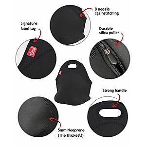 yookee home Black Lunch Bag, Insulated Lunch Box, Thick and Reusable Thermal Lunch Tote Bag, Small Neoprene Lunchbags with Zipper for Adults Kids Nurse Teacher School Work Outdoor Travel Picnic